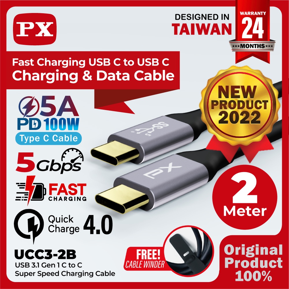 Jual Kabel Data Type C Fast Charging Quick Charge 100W 2 Meter PX UCC3-2B | Shopee Indonesia
