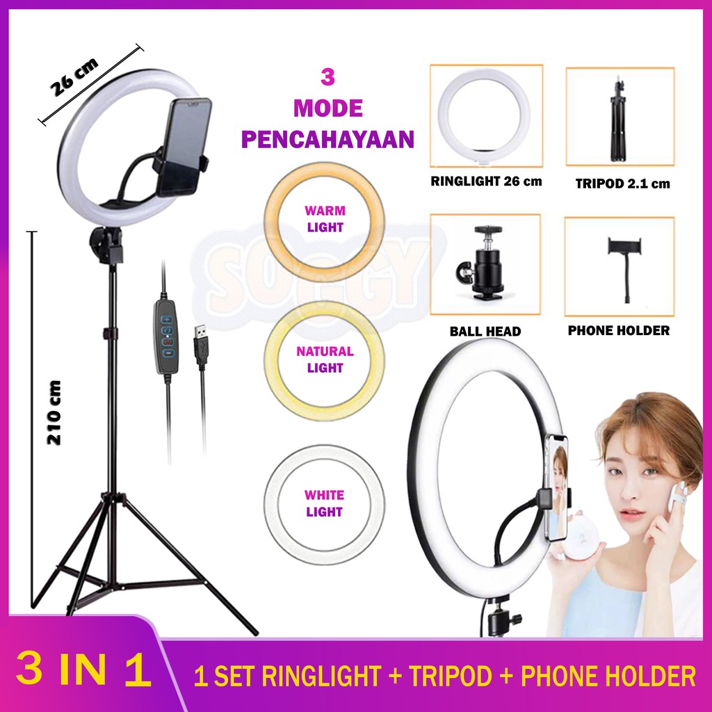 Jual Ring Light 26CM + TRIPOD 2,1 METER MAKE UP VLOG Ring Light Tripoc ...