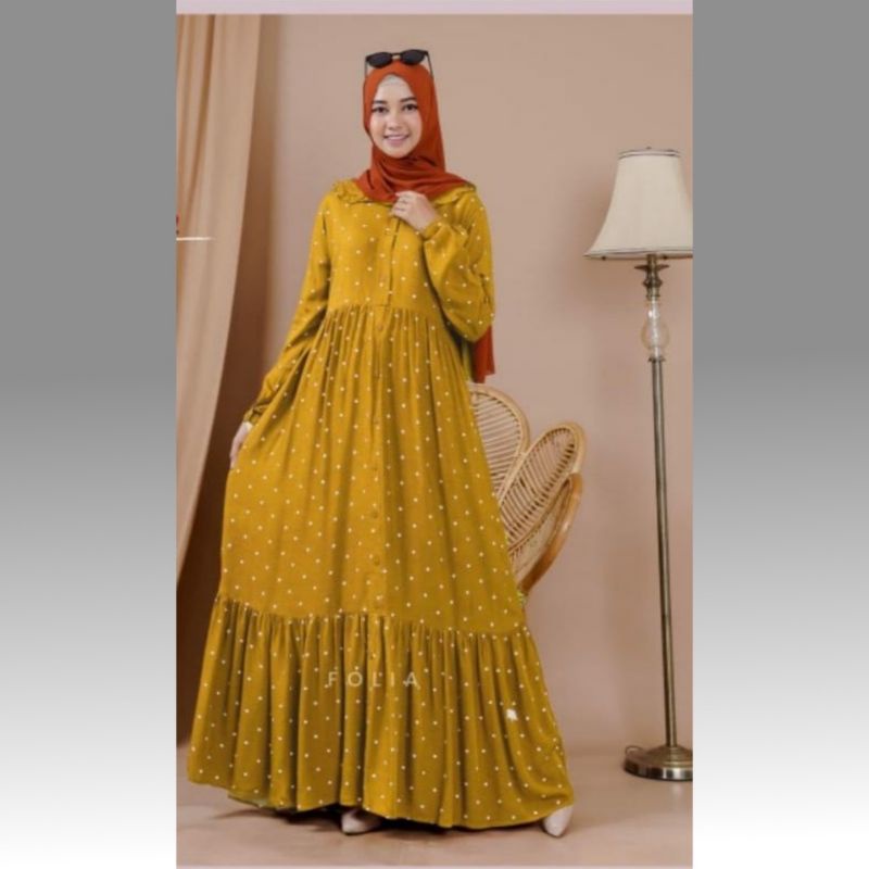 Jual gamis rempel susun gamis motif polka folia gamis wanita resleting ...
