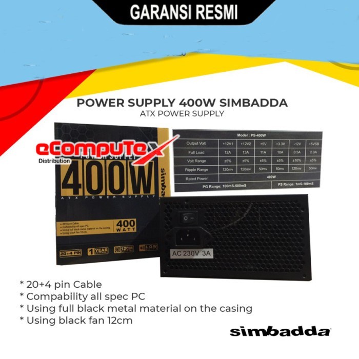 Jual POWER SUPPLY SIMBADDA 400W / PSU PC KOMPUTER 400 WATT - GARANSI ...