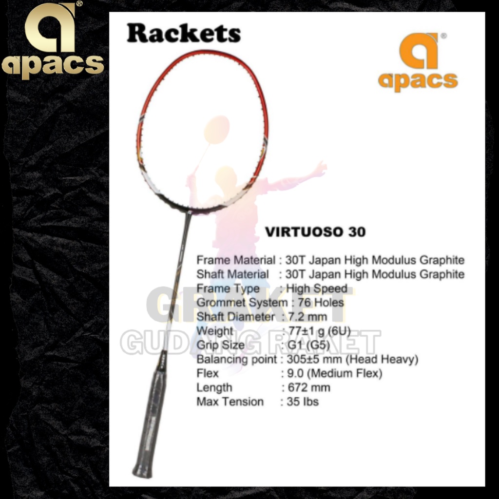 Jual Badminton Raket Merk APACS Type VIRTUOSO 30 (ORIGINAL) | Shopee ...
