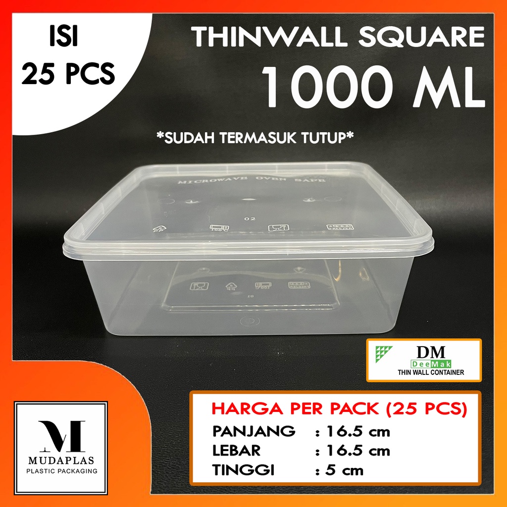 Jual Kotak Makan Plastik 1000 ml Square Thinwall DM Isi 25 pcs 1000ml SQ | Shopee Indonesia