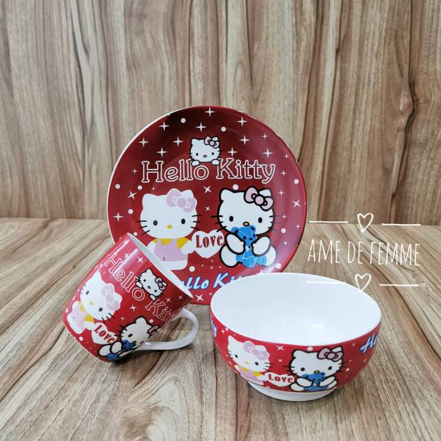Jual Perlengkapan makan set keramik hello kitty merah + Gift box ...