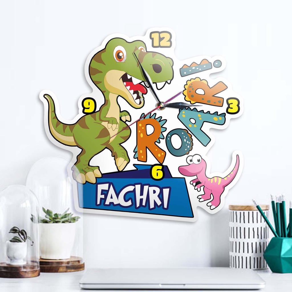 Jual JAM DINDING KARAKTER UKIRAN BENTUK DINO ROARRR CUSTOM REQUEST NAMA ...