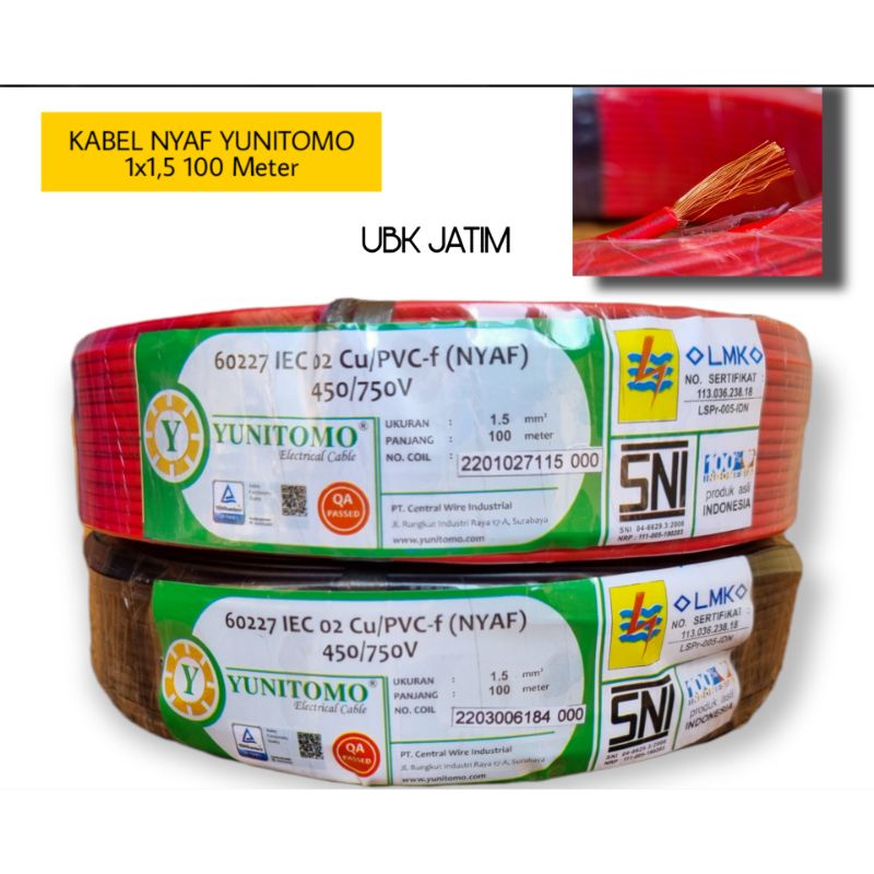 Jual KABEL NYAF 1 x 1,5mm 100 METER YUNITOMO SNI TEMBAGA MURNI | Shopee ...
