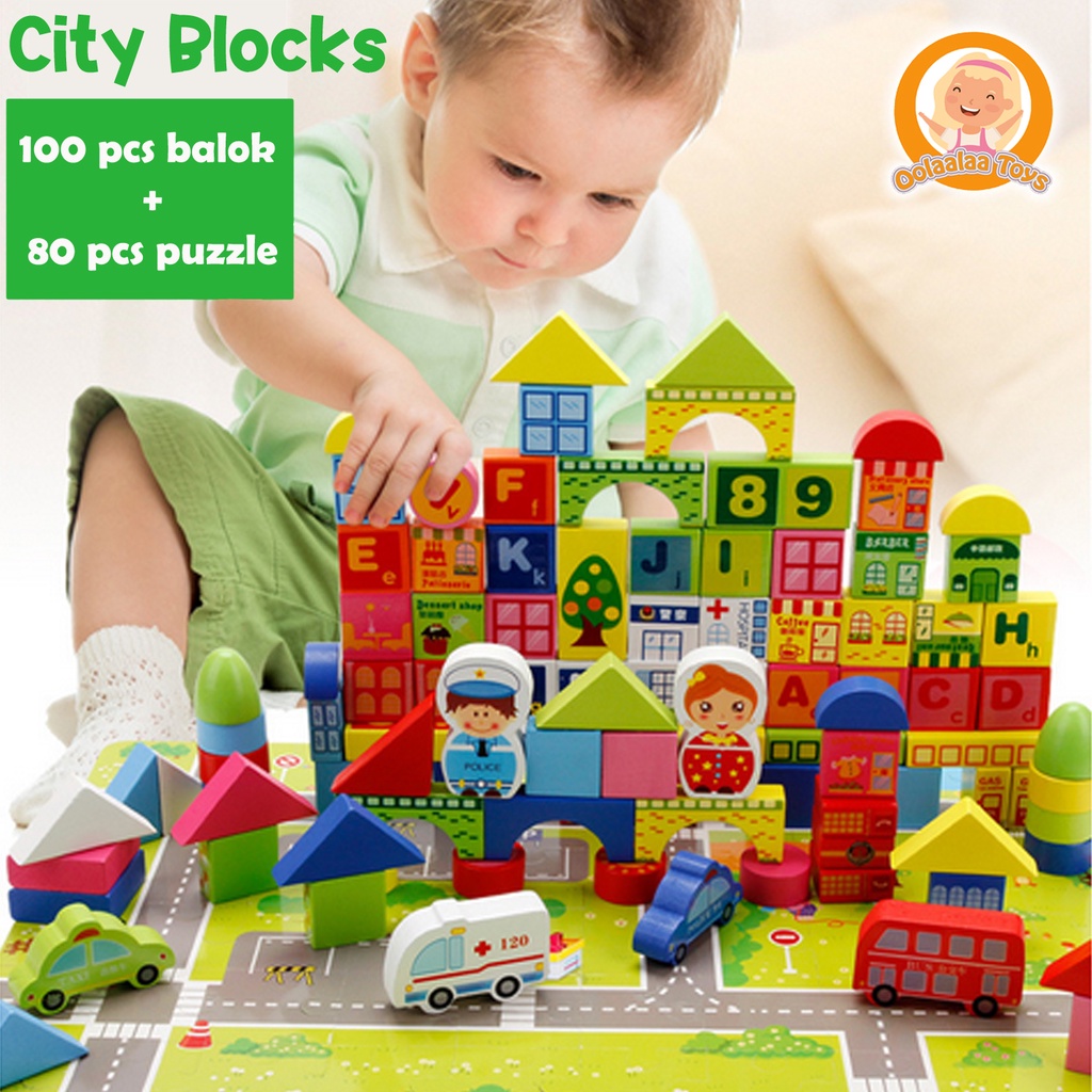 Jual City Blocks 100 pcs - Balok susun kayu dengan kotak | Shopee Indonesia