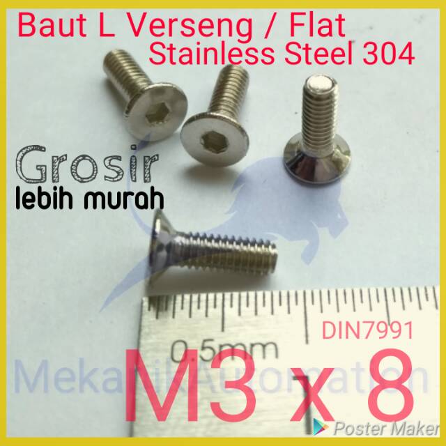 Jual Baut L Flat M3 x 8 Verseng CSK SUS304 | Shopee Indonesia