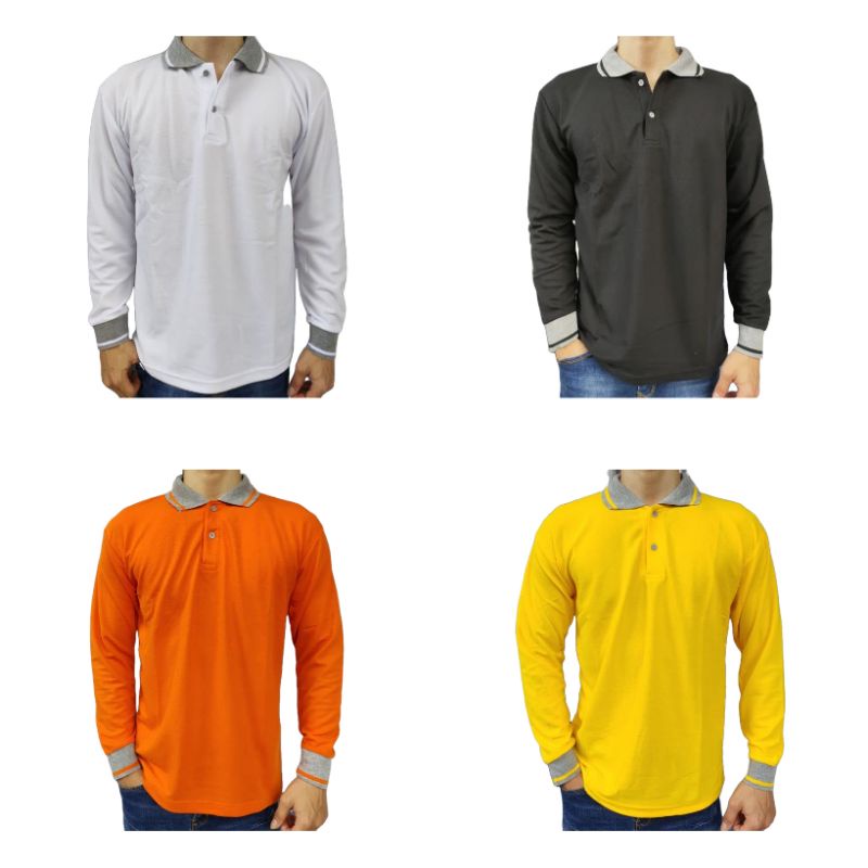 Jual Kaos Kerah Lengan Panjang Warna Putih - Hitam - Orange - Kuning ... Jual Kaos Kerah Lengan Panjang Warna Putih - Hitam - Orange - Kuning ...