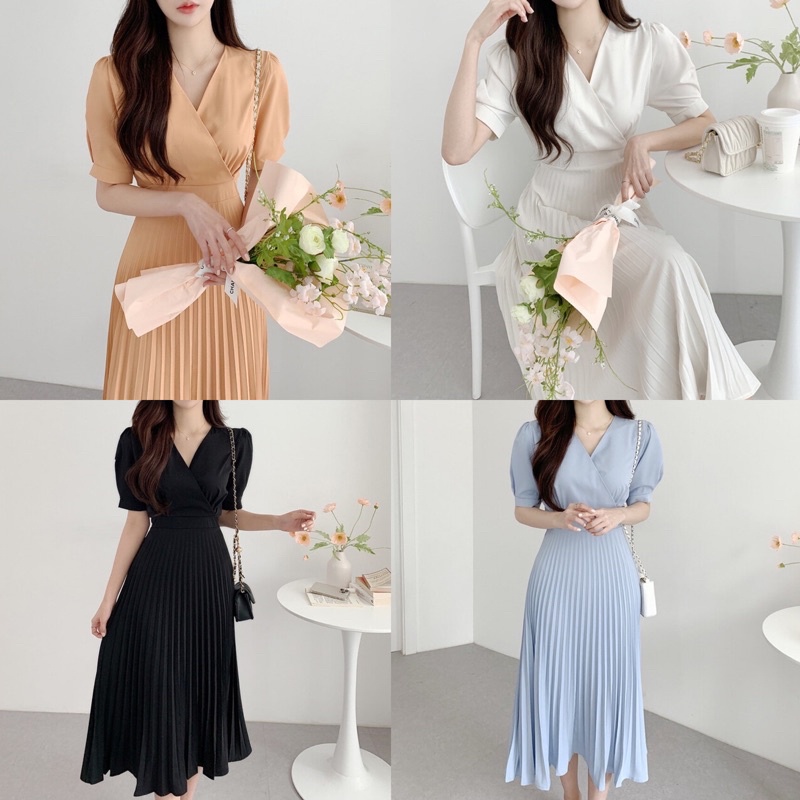 Jual Citora 치도라 Dress Korean Pastel Vintage Casual Midi Plisket Flare ...