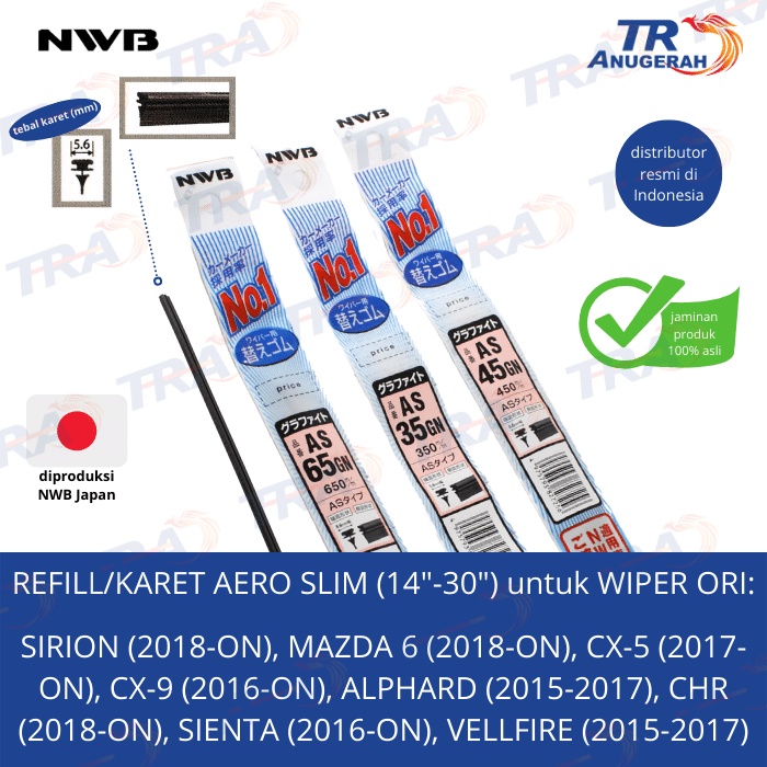 Jual Karet Wiper Refill AERO SLIM NWB Mazda 6, CX5, CX9, Alphard, Vellfire, Sienta, Sirion, CHR ...