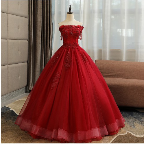 Jual Gaun Pengantin Quinceanera Elegant Off Bahu Lace merah | Shopee ...