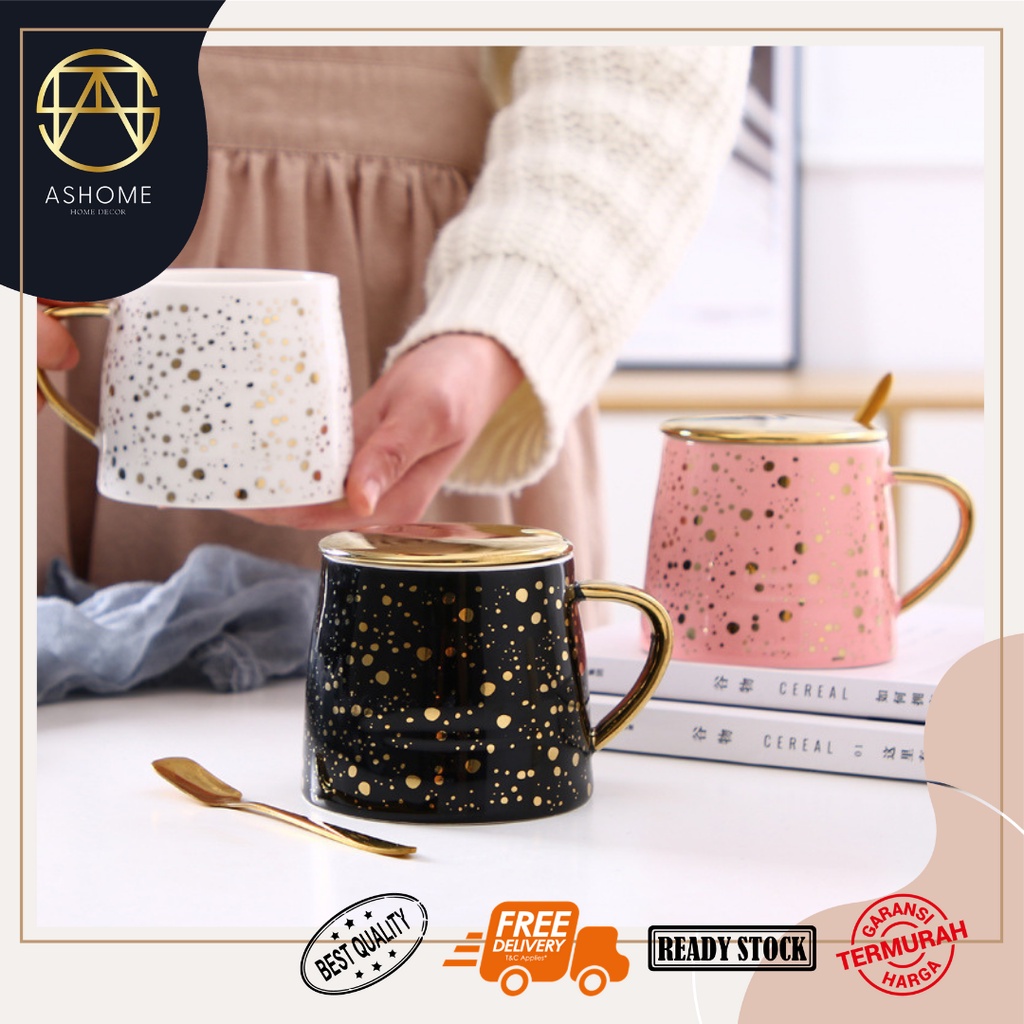 Jual ASHOME Gelas Minum Set Keramik Motif Bintang Dengan Tutup Dan ...