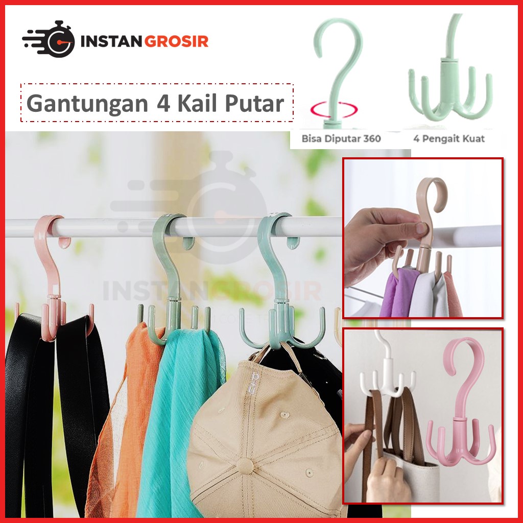 Jual Gantungan Putar mini 4 kail hook hanger multifungsi gantung baju ...