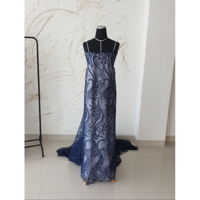 Jual Kain Tulle / Tile Bordir Salur Daun Premium Navy Blue (Biru Tua ...