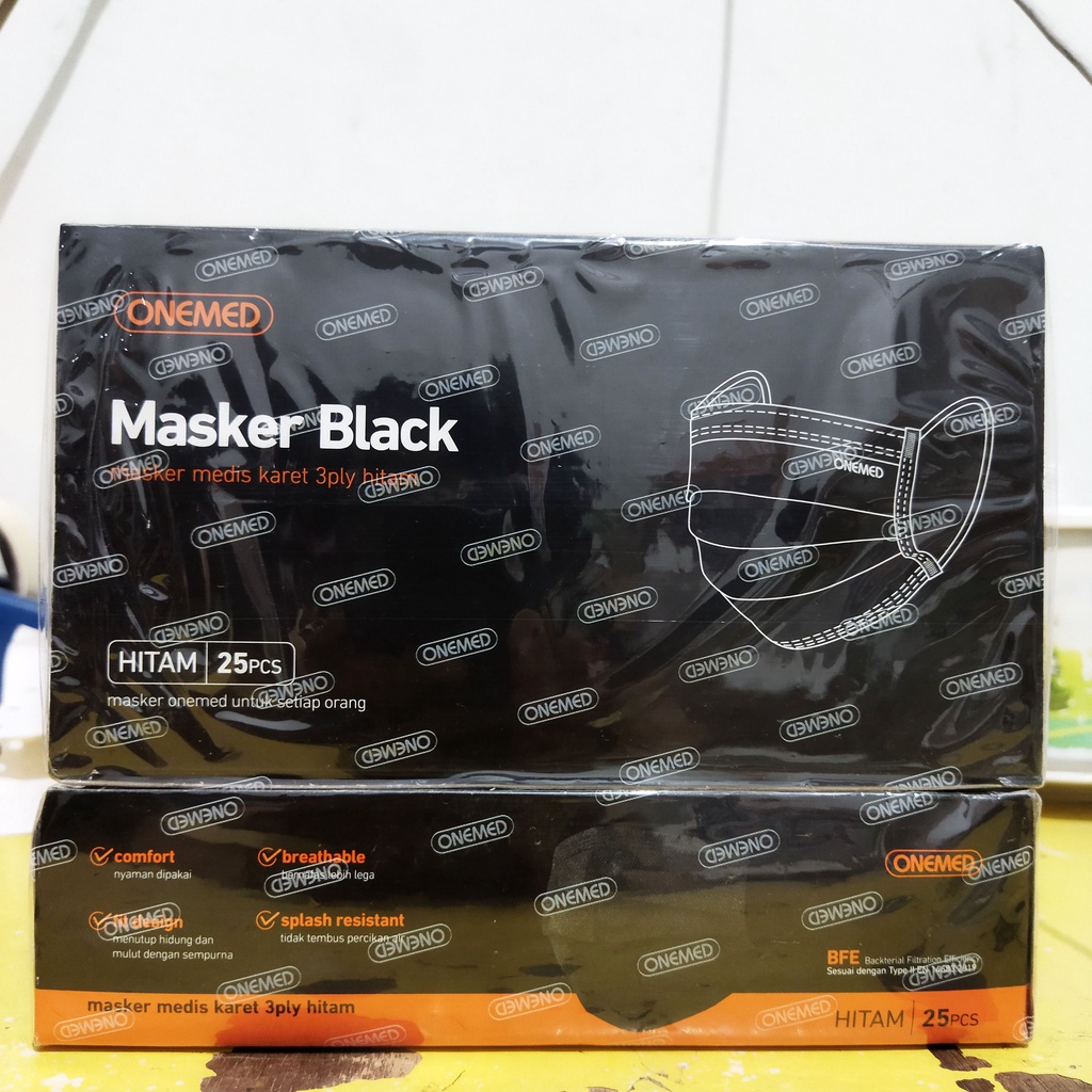Jual Masker Karet Medis 3ply All Black Onemed masker Box Isi 25 lembar ...