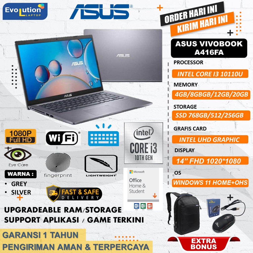 Jual Laptop Baru Asus VivoBook A416FA Intel Core i3 Ram 20GB 768GB ssd ...