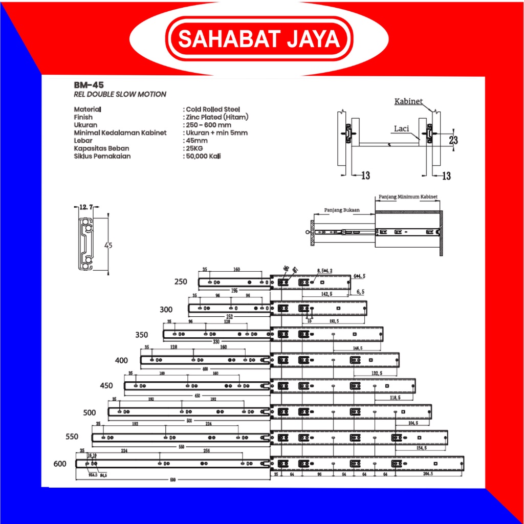 Jual Rel Laci Hitam Full Extension Slow Motion Double Tarik HUBEN BM ...