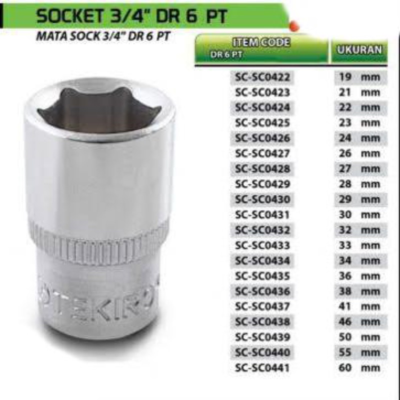 Jual Kunci Mata Sok 19 ~ 60 mm 3/4" inch DR 6 PT - 12 PT / Socket / Soket / Sock Spanner TEKIRO ...