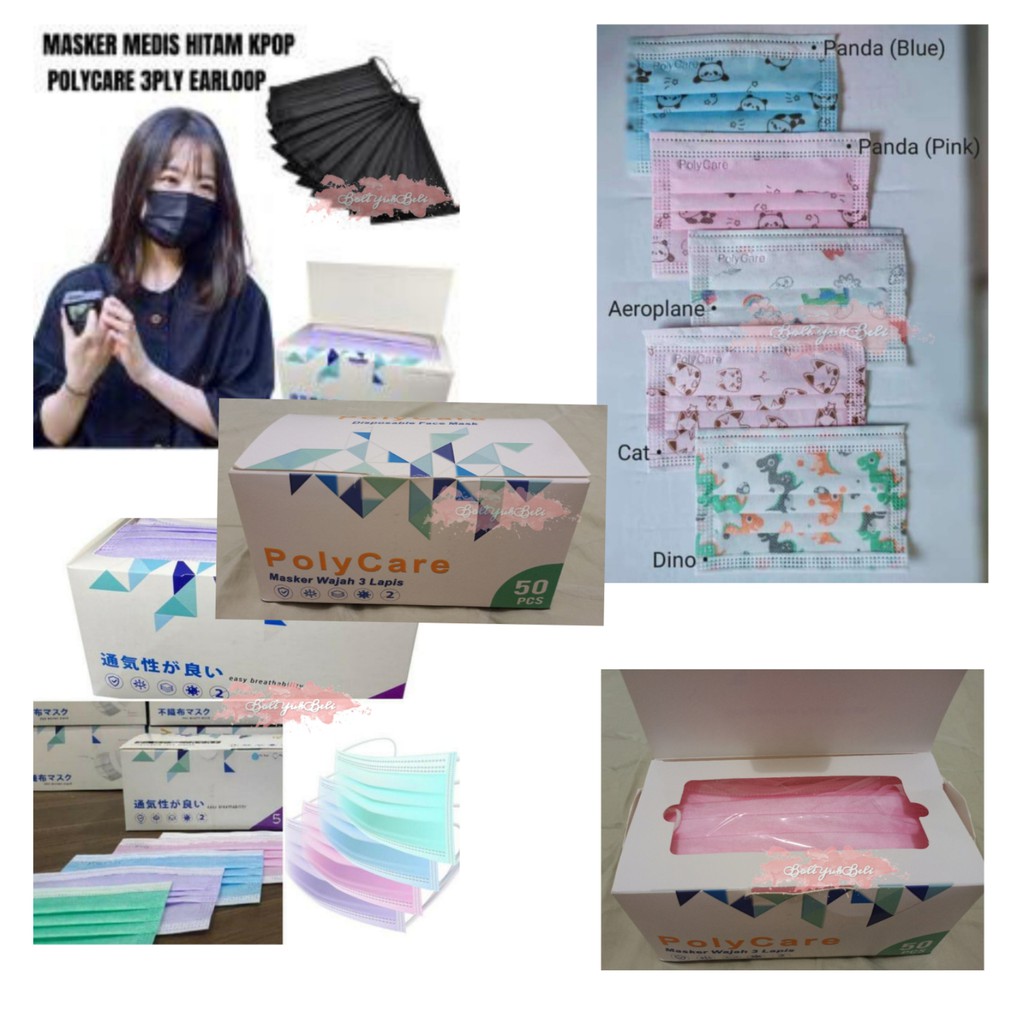 Jual Masker 3 ply POLYCARE ( Hitam / Polos / Anak ) Box isi 20 lembar | Shopee Indonesia