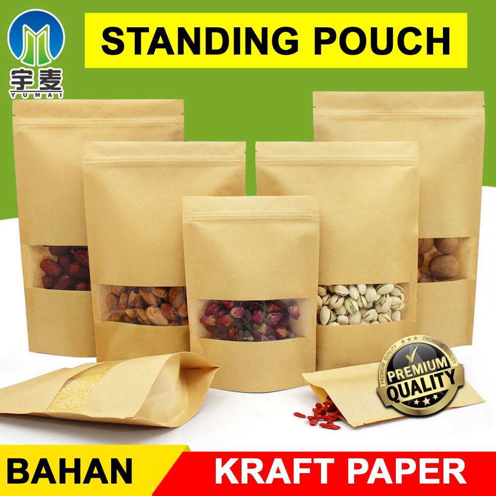 Jual Standing Pouch Kraft Paper Coklat Window Transparan Plastik Klip ...