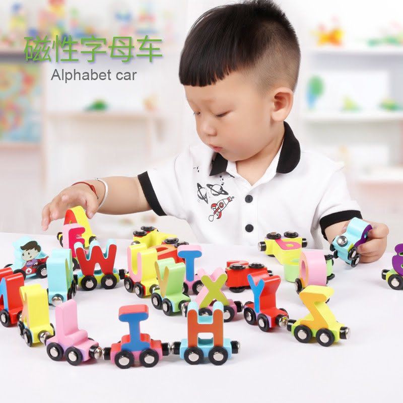 Jual Mainan anak wooden train set magnetic train with 26 alphabet ...