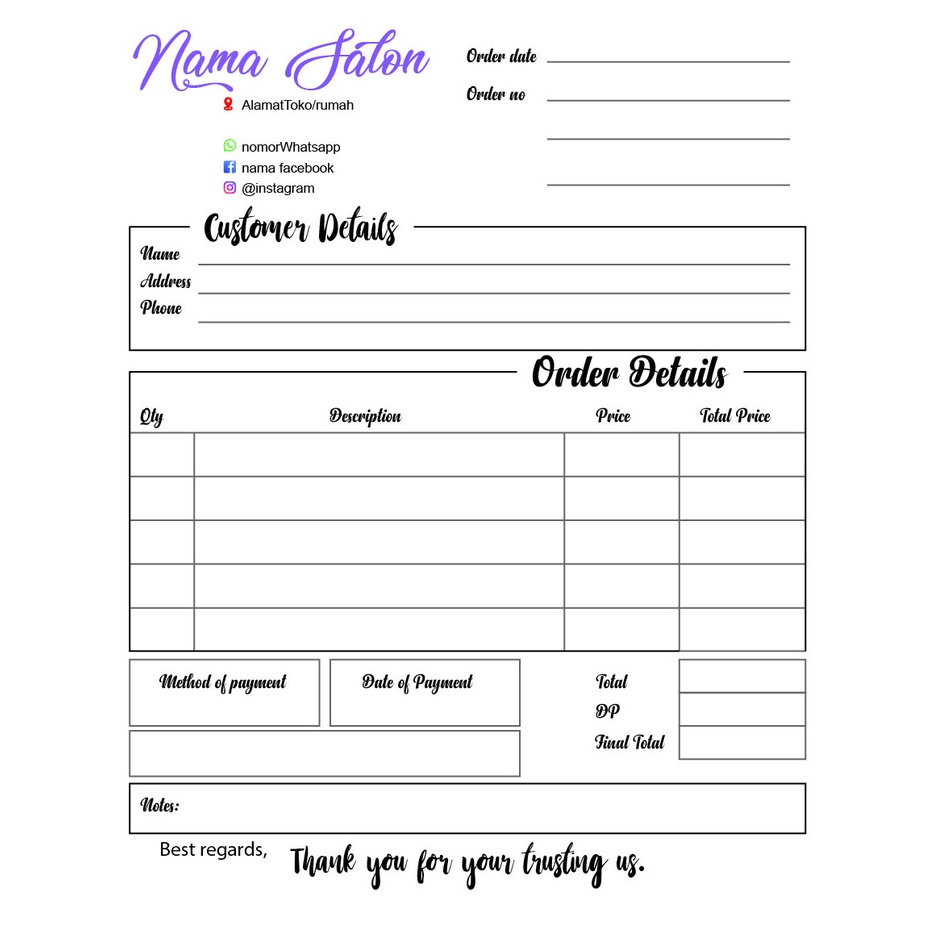 Jual nota form order A4 wedding organizer, makeup wedding | Shopee ...