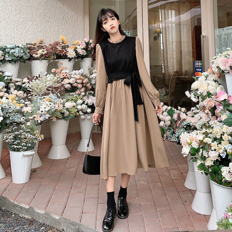 Jual Musim semi dan musim gugur gaun Korea baru longgar setengah ...