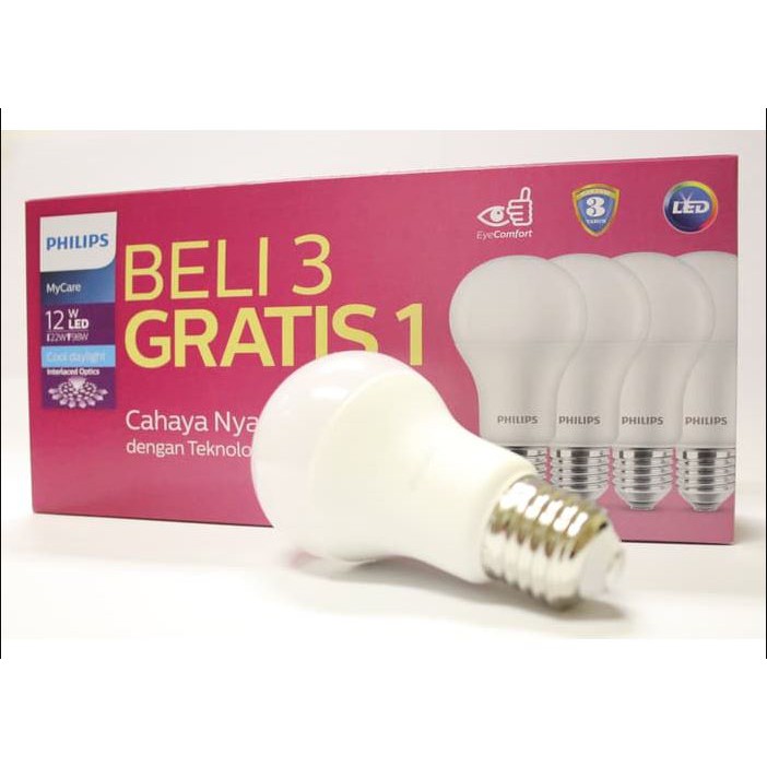 Jual LAMPU PHILIPS 12 WATT isi 4 MultiPack MyCare LedBulb 6500K Putih ...
