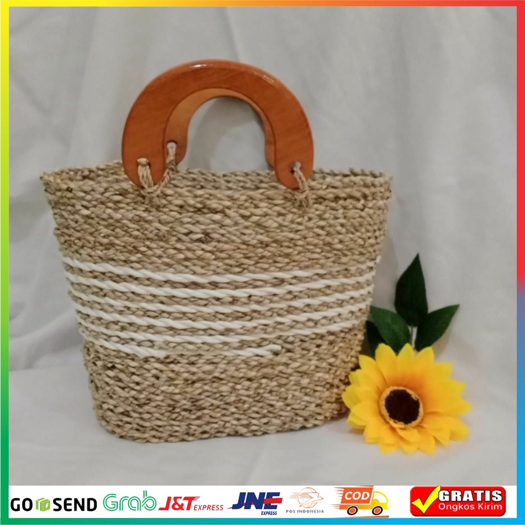 Jual Tas Model Anyam Seagrass Handle Kayu/ Tas Anyaman Motif/ Tas ...