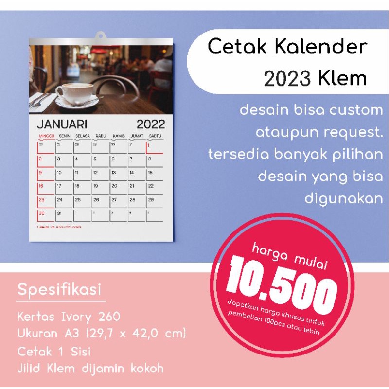 Jual Kalender Dinding 2023 Klem A3+ Bisa Satuan Custom Desain Kertas ...
