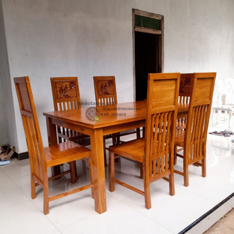 Jual meja kursi makan balero motif bunga kayu jati | Shopee Indonesia