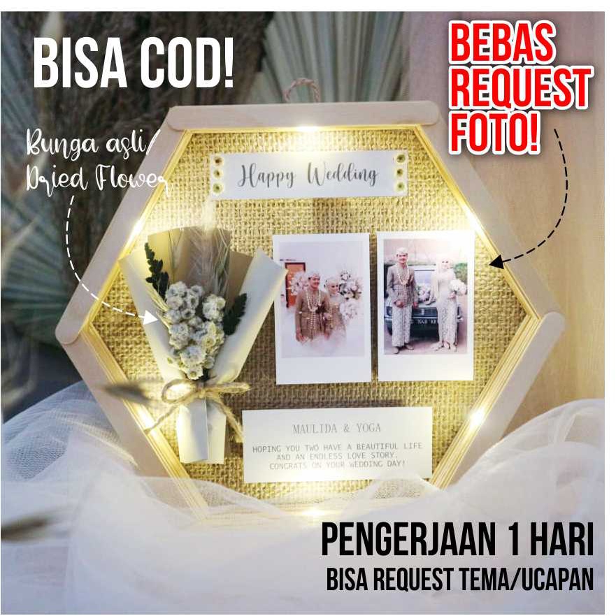 Jual kado Hadiah souvenir gift box figura frame kayu stick dried flower hexagon hexagonal 3D ...