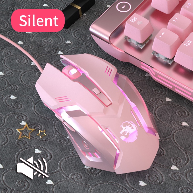 Jual Led light Gaming Mouse Pink lucu Silent click kabel adjustable DPI ...