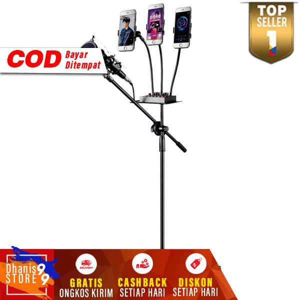Jual Stand Mic with 3 Smartphone Holder Murah Standing Mikrofon Panjang ...