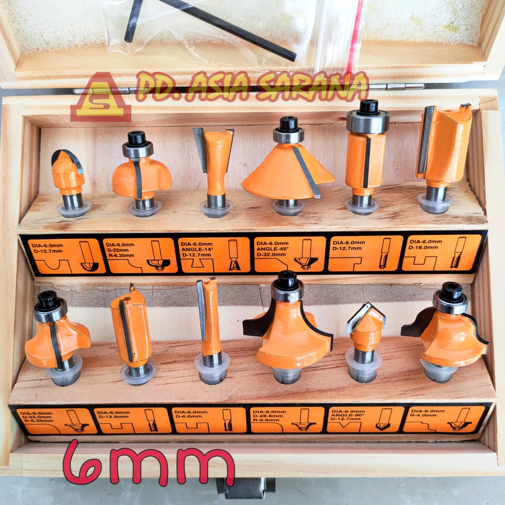 Jual Router Bit 6mm Set 12pcs INGCO AKRT1201 Mata Mesin Profil Kayu ...