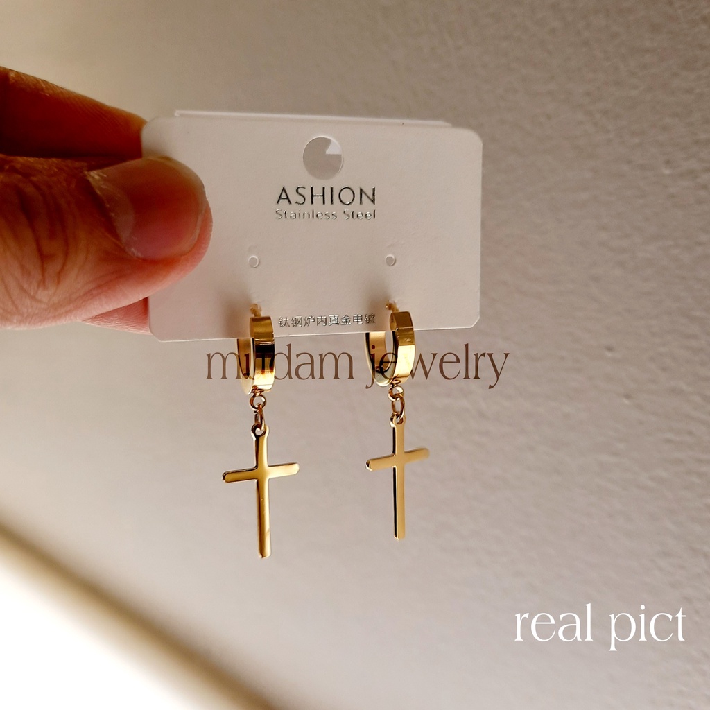 Jual Anting Jepit Titanium Model Salib Warna Gold | Shopee Indonesia