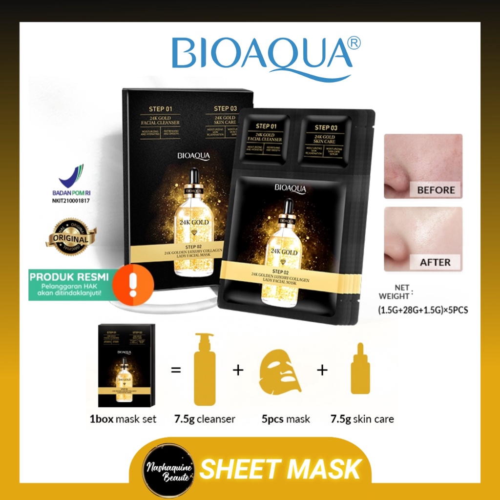Jual BIOAQUA 24K Gold Facial Mask Set ( ISI SABUN SACHET + 5 SHEET MASK ...
