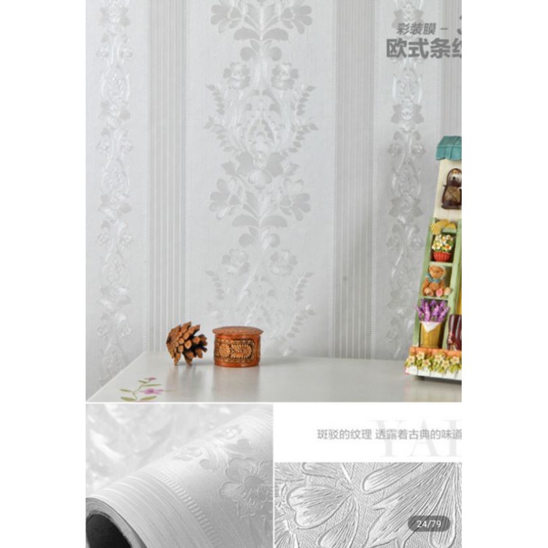 Jual Wallpaper Stiker Dinding Emboss Polos Tekstur Garis Bunga Putih ...