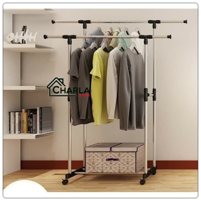 Jual Double standing hanger Rak pakaian gantungan baju 4 roda X25 ...