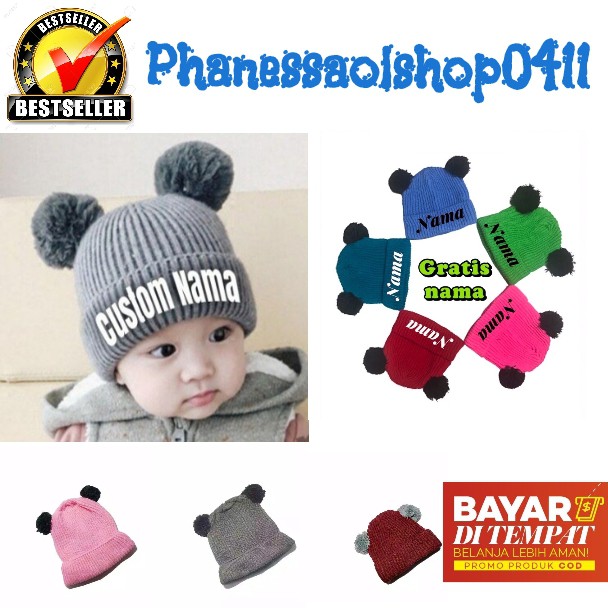 Jual Kupluk bayi rajut anak pompom -kupluk anak nama -Kupluk Bordir 0 ...