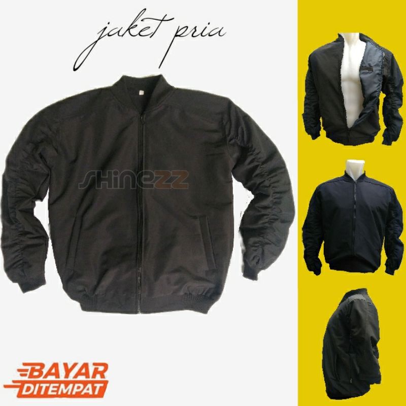 Jual jaket pria bomber waterproof hitam polos jaket cowok simple jaket ...