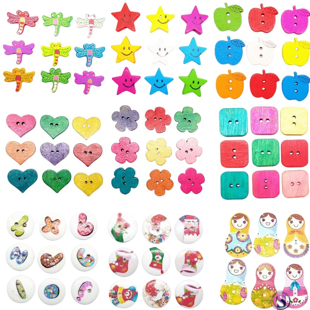 Jual [10 biji] Kancing kayu motif / kancing kayu variasi / kancing hias ...