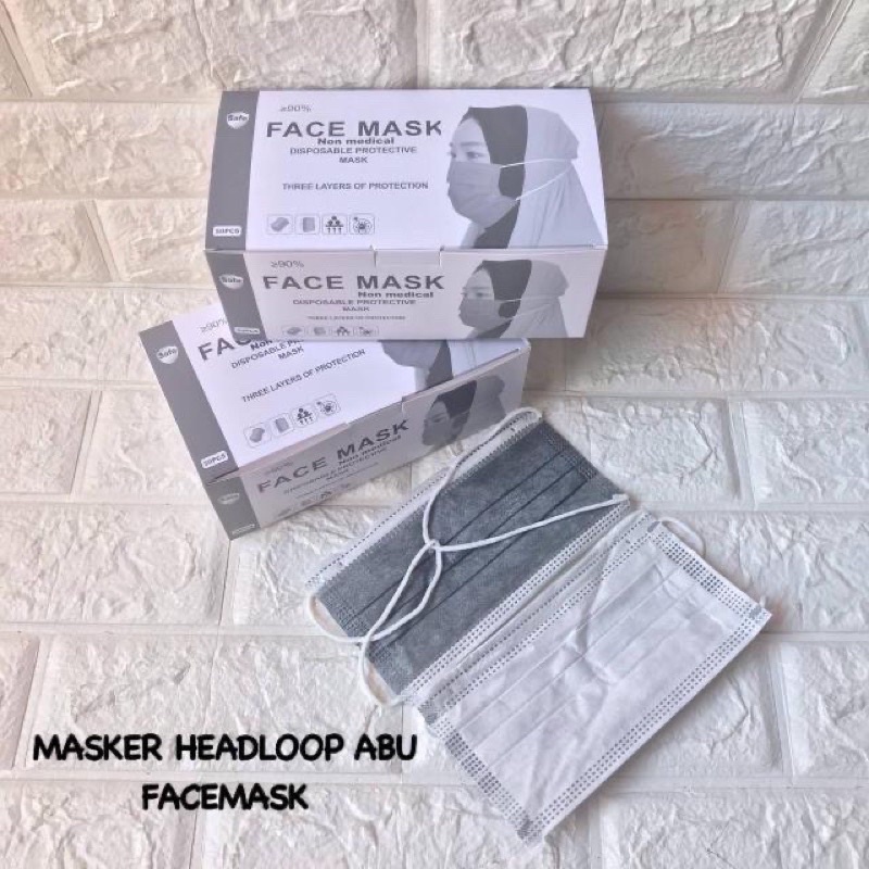 Jual MASKER HEADLOOP / HIJAB ABU FACEMASK 1BOX ISI 50PCS | Shopee Indonesia