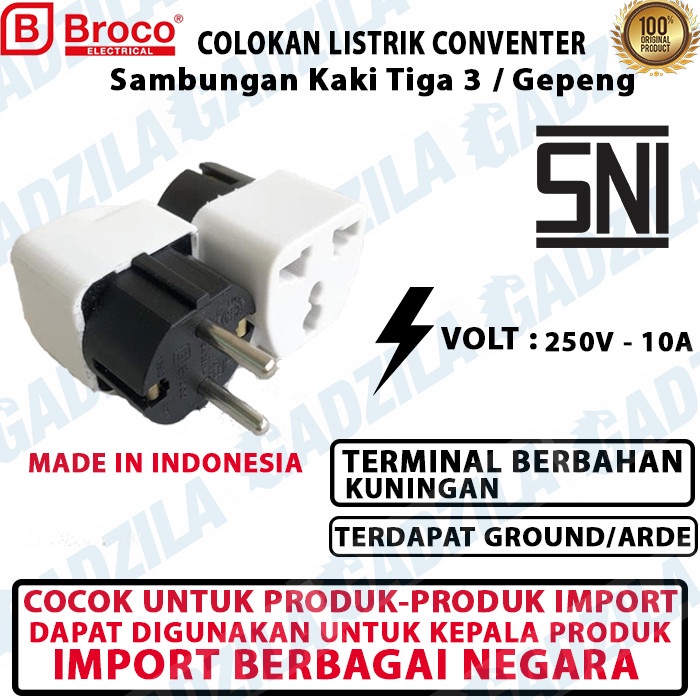 Jual BROCO Colokan Listrik Converter Sambungan Kaki Tiga 3 / Gepeng SNI ...