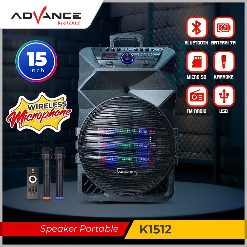 Jual Speaker Bluetooth Portable Advance K1512 15 inch-FREE 2 Buah MIC Wireless | Shopee Indonesia