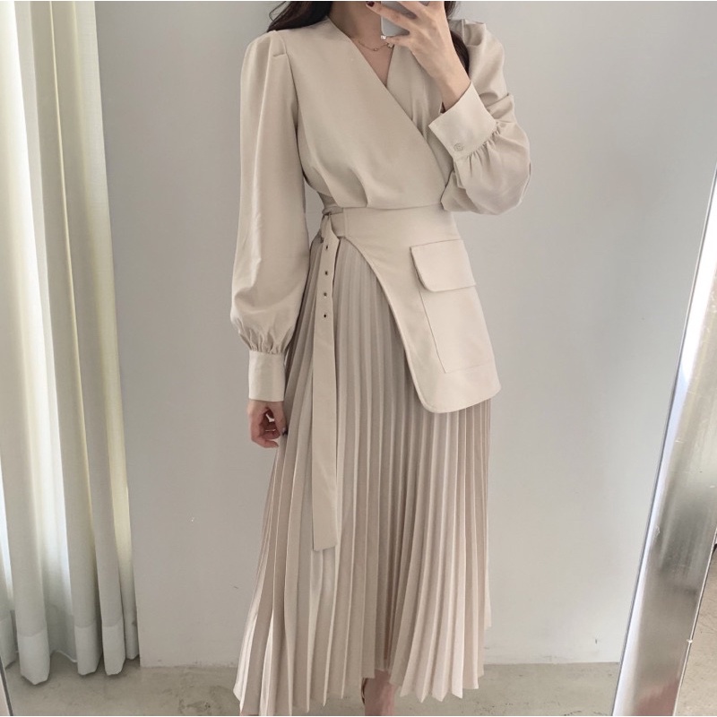 Jual Solar Dress (Korean Buckle Pleated Dress Import) | Shopee Indonesia