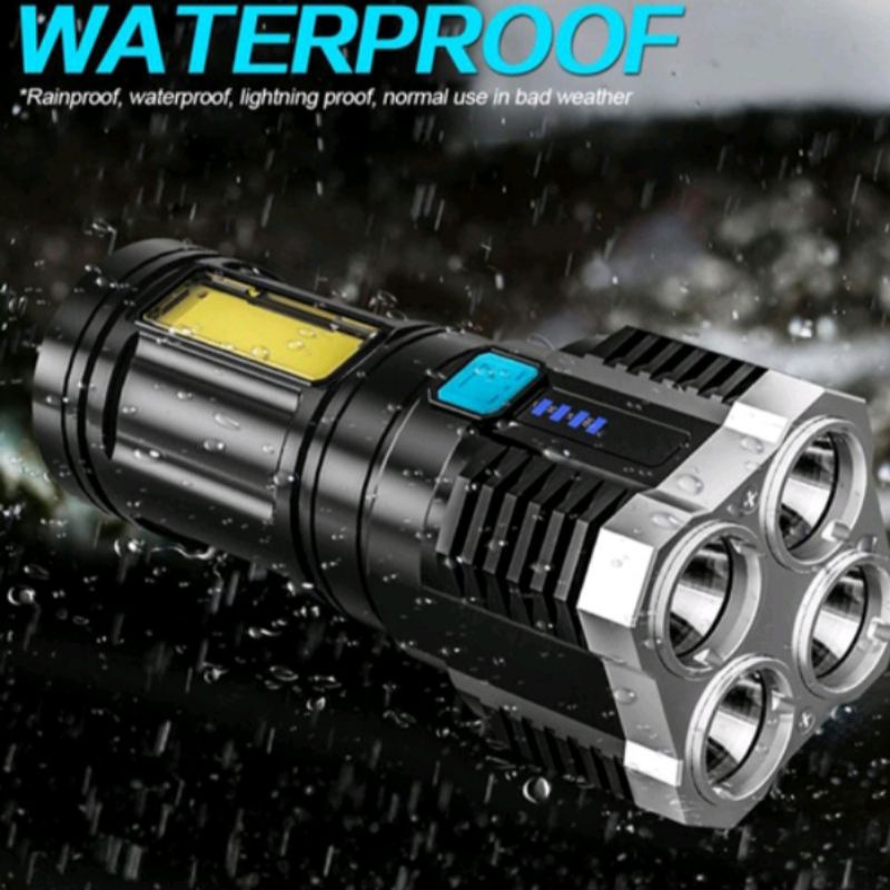 Jual Senter 4 LED Super Terang Rechargeable + COB Senter LED Jarak Jauh ...