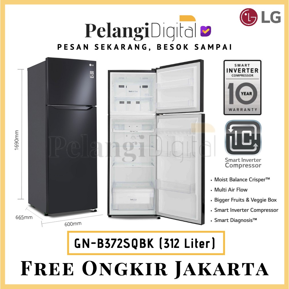 Jual LG Kulkas 2 Pintu / Dua Pintu Smart Inverter Hitam - 312 Liter - GN-B372SQBK | Shopee Indonesia