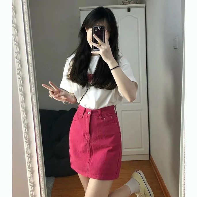 Jual Rok Denim Rose Merah Korean Style Pinggang Tinggi Rok Pelangsing ...