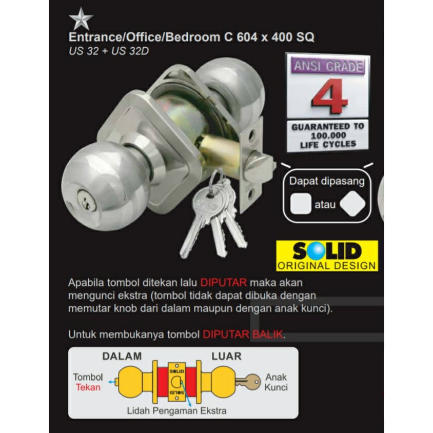 Jual SOLID - KUNCI PINTU BULAT/CYLINDRICAL LOCKSET SOLID C 604 X 400 SQ SUS 304 DENGAN ANAK ...